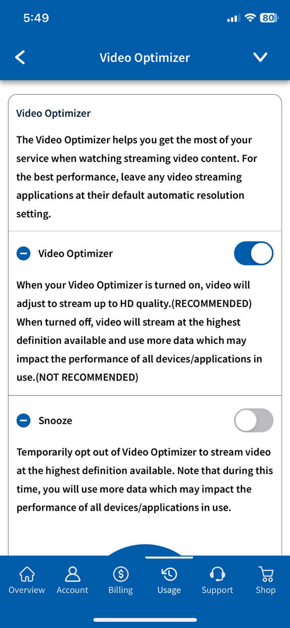How do I manage Video Optimizer settings on the myHughesnet (Mobile) app?